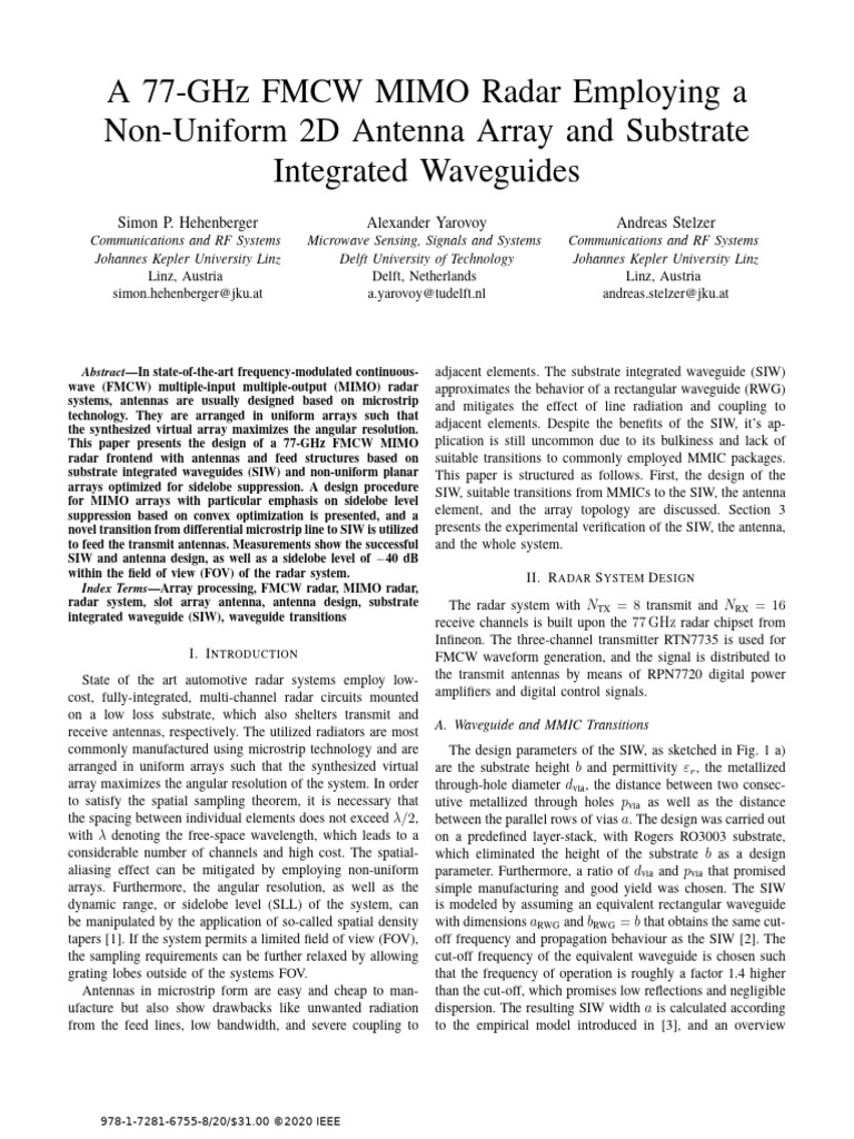 A 77-GHz FMCW MIMO Radar Employing A Non-Uniform 2D Antenna Array and SIW | PDF | Antenna (Radio ...