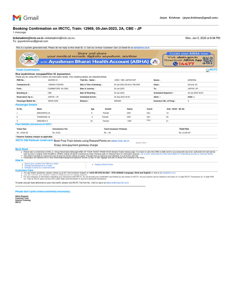 Gmail - Booking Confirmation On IRCTC, Train - 12969, 01-Sep-2023, 3A ...