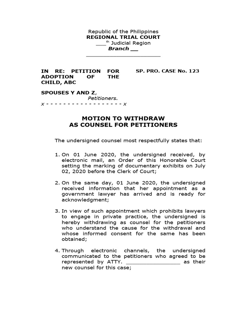 Motion To Withdraw Adoption Sample | PDF | Lawyer | Justice