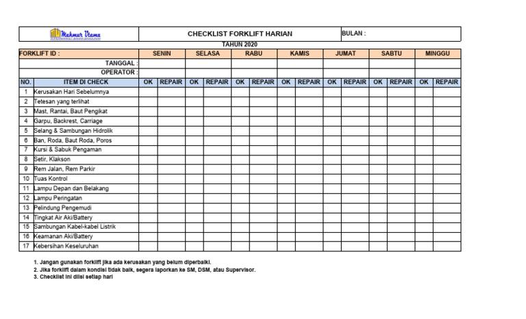 Checklist Harian Inspeksi Forklift | PDF