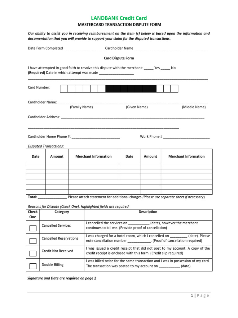 Mastercard Cardholder Complain and Dispute Form | PDF | Credit Card ...