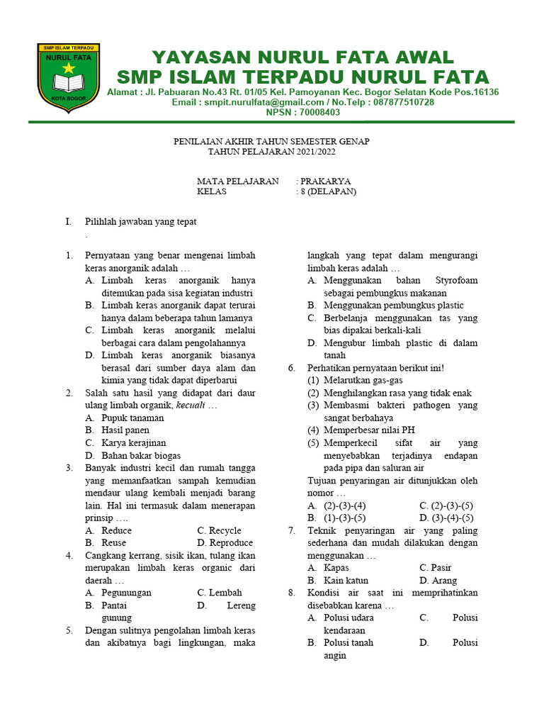 Soal Pat Prakarya Kelas 8 2021 2022 | PDF