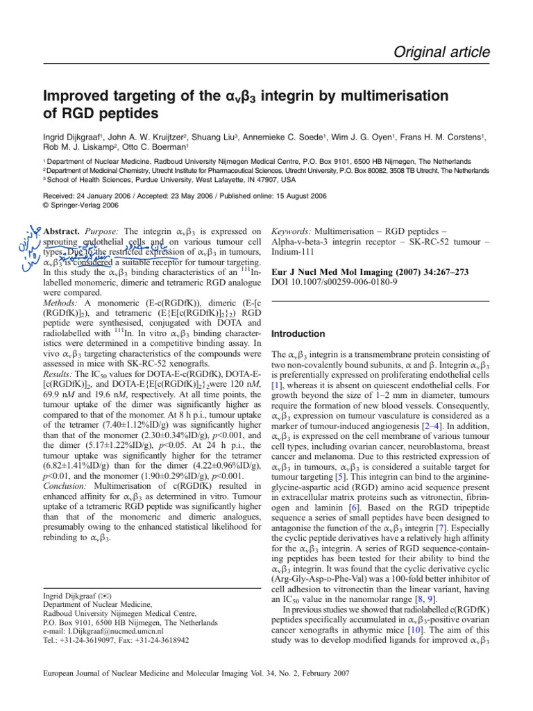 Improved targeting of the α β integrin by multimerisation of RGD ...