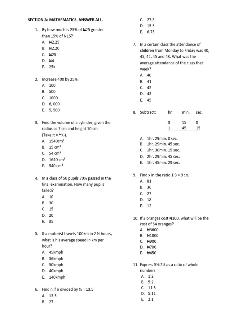 2018 Entrance Exam MATHEMATICS | PDF | Elementary Mathematics | Mathematics