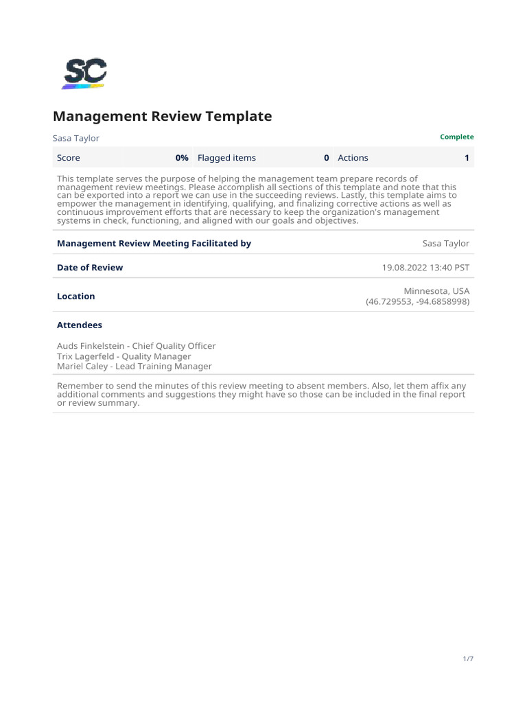 Management Review Template Sample Report SafetyCulture | PDF | Quality ...