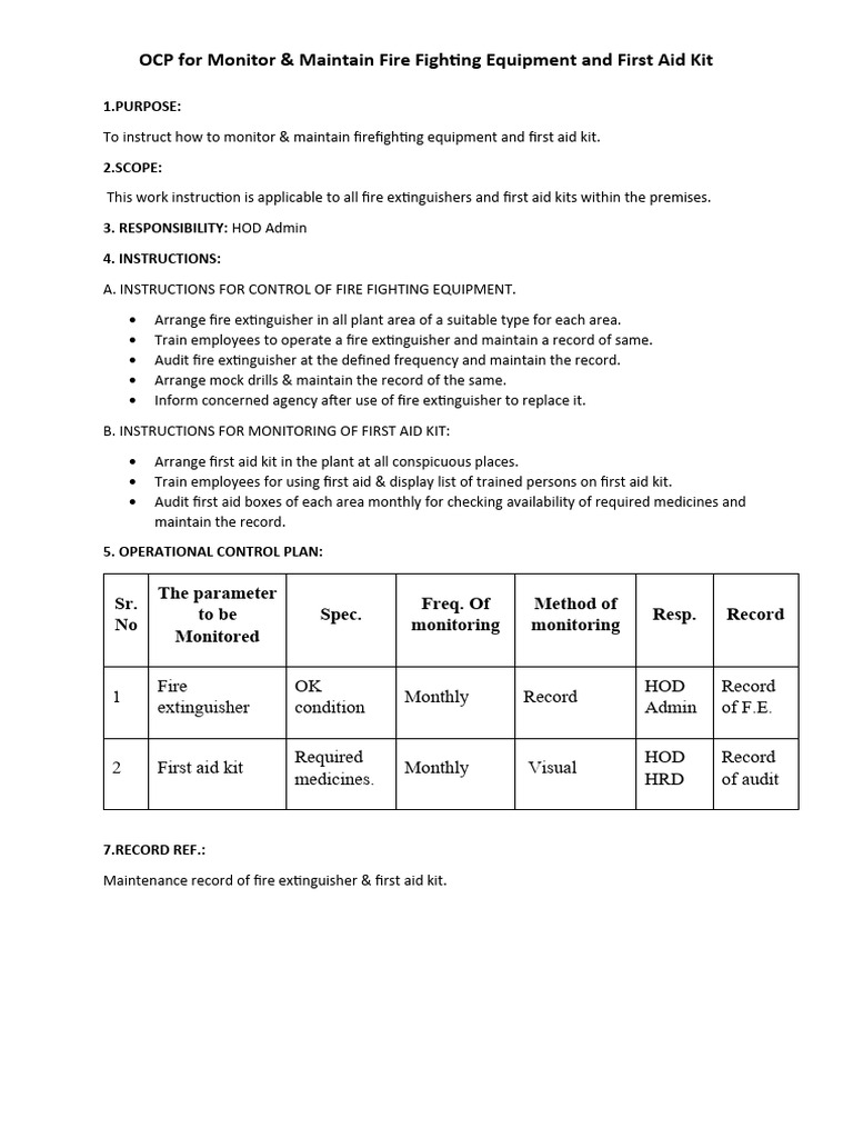 OCP For Monitor and Maintain Fire Fighting Equipment and First Aid Kit ...