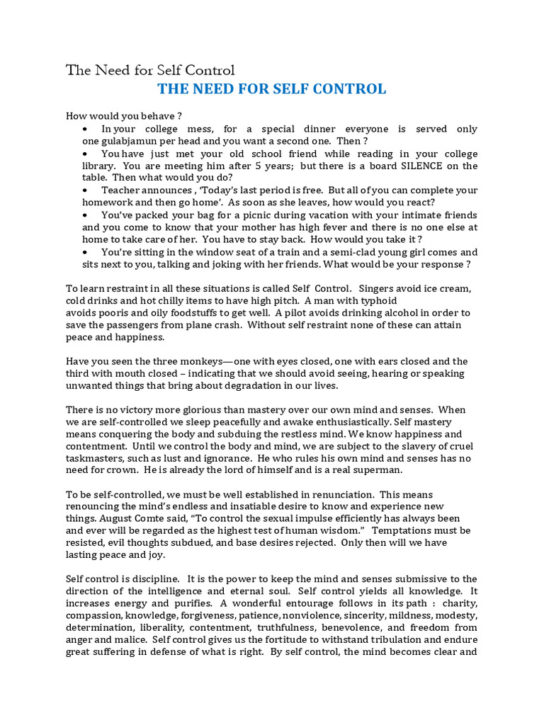 The Need For Self Control | PDF | Self Control | Self-Management