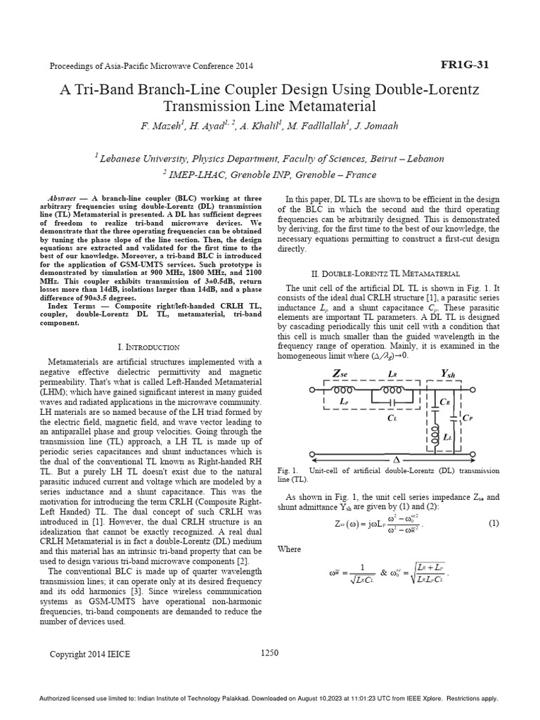 A Tri-Band Branch-Line Coupler Design Using Double-Lorentz Transmission Line Metamaterial | PDF ...