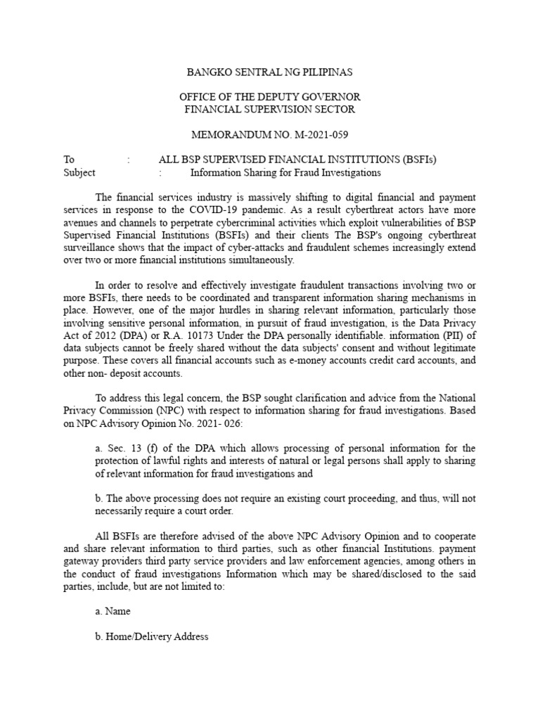 BSP Memorandum m-2021-059 | PDF | Fraud | Privacy