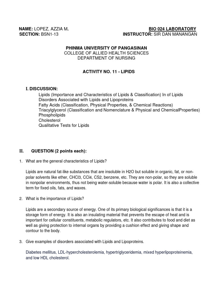 Lopez, Azzia M. - bsn1-13 - (Bio 024) Lab Activity 11 - Lipids | PDF ...