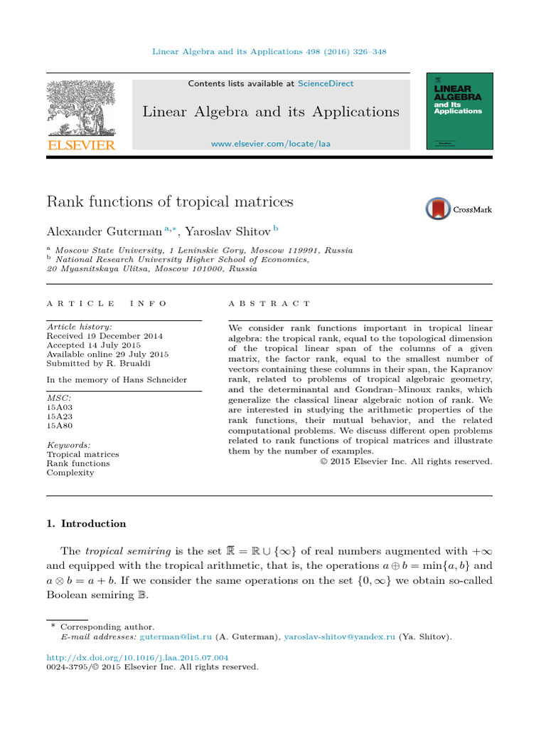 Rank Functions of Tropical Matrices 2016 Linear Algebra and Its Applications | PDF | Matrix ...