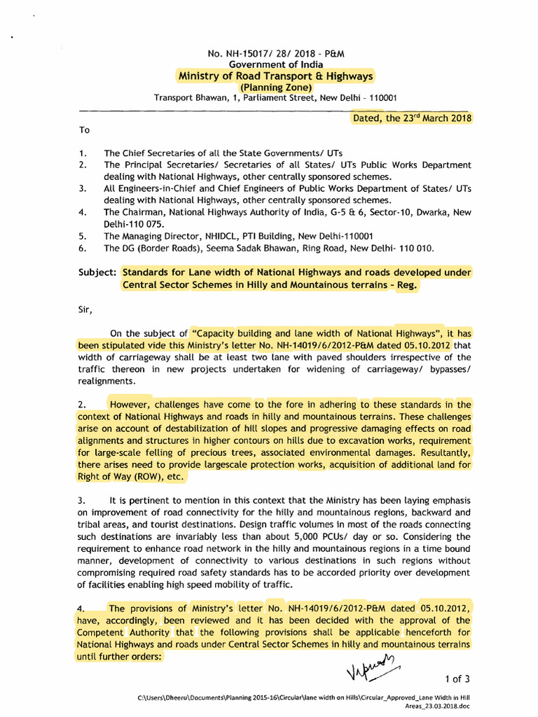 2018 MoRTH Circular | PDF | Lane | Road