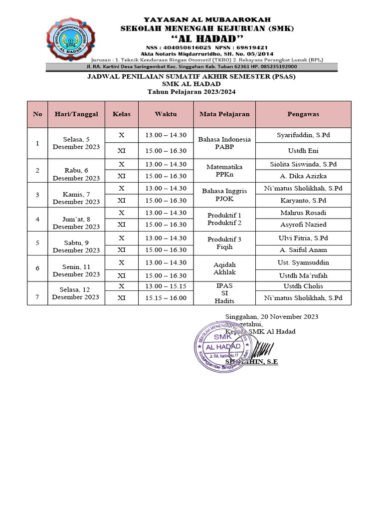 Jadwal Penilaian Sumatif Akhir Semester Ganjil 2023-2024 | PDF | Agama & Spiritualitas