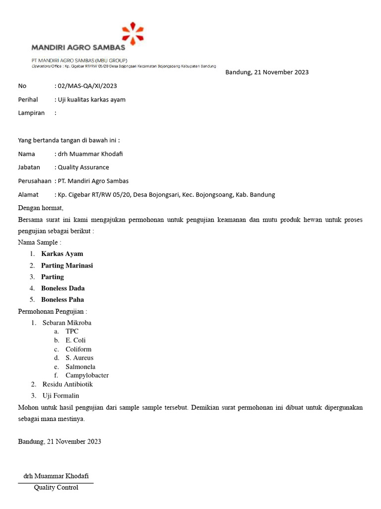 Surat Pengantar Uji Lab | PDF