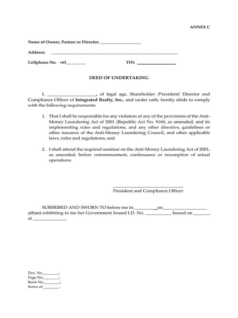ANNEX C-AMLC Undertaking | PDF