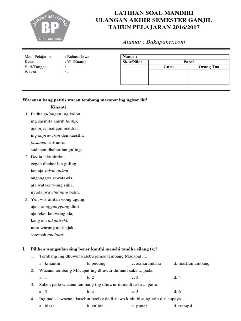 Latihan Soal UAS Bahasa Jawa Kelas 6 | PDF