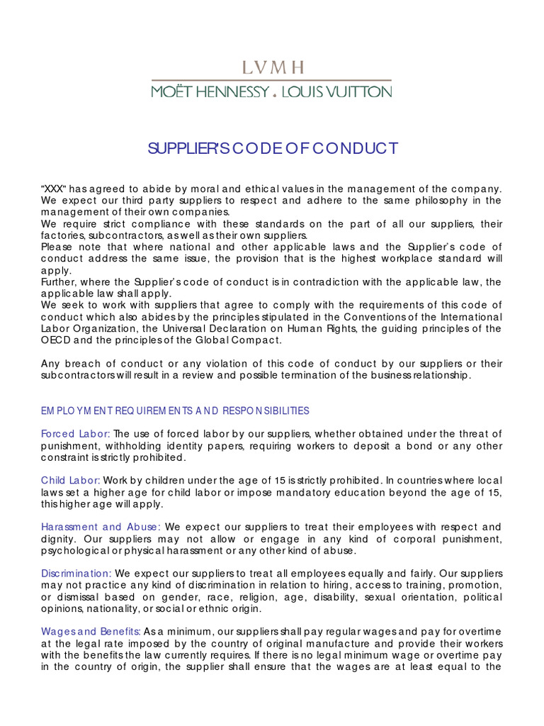 LVMH Suppliers Code of Conduct | PDF | Overtime | Employment