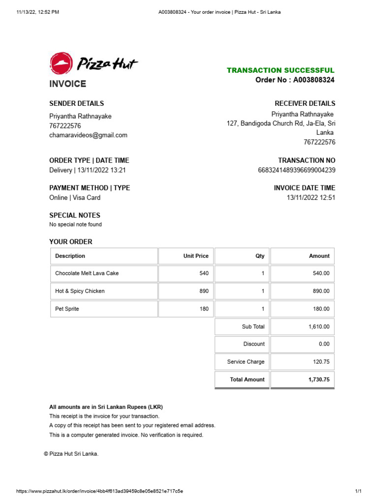 A003808324 - Your Order Invoice - Pizza Hut - Sri Lanka | PDF | Receipt | Invoice