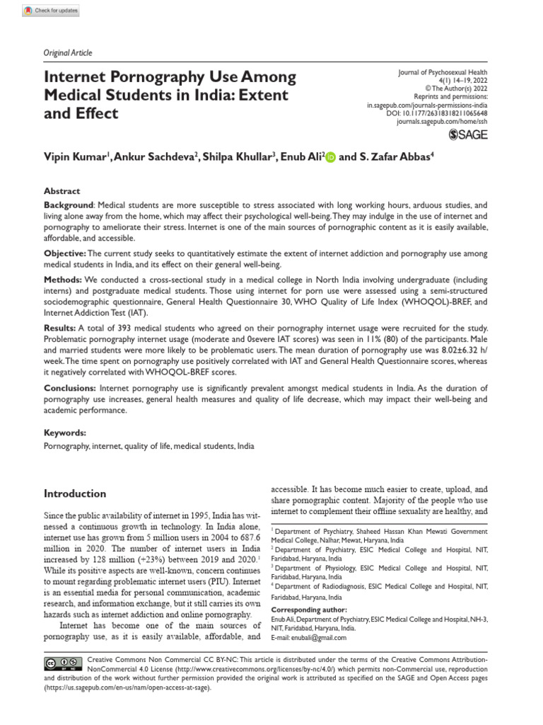 Kumar Et Al 2022 Internet Pornography Use Among Medical Students in India Extent and Effect ...