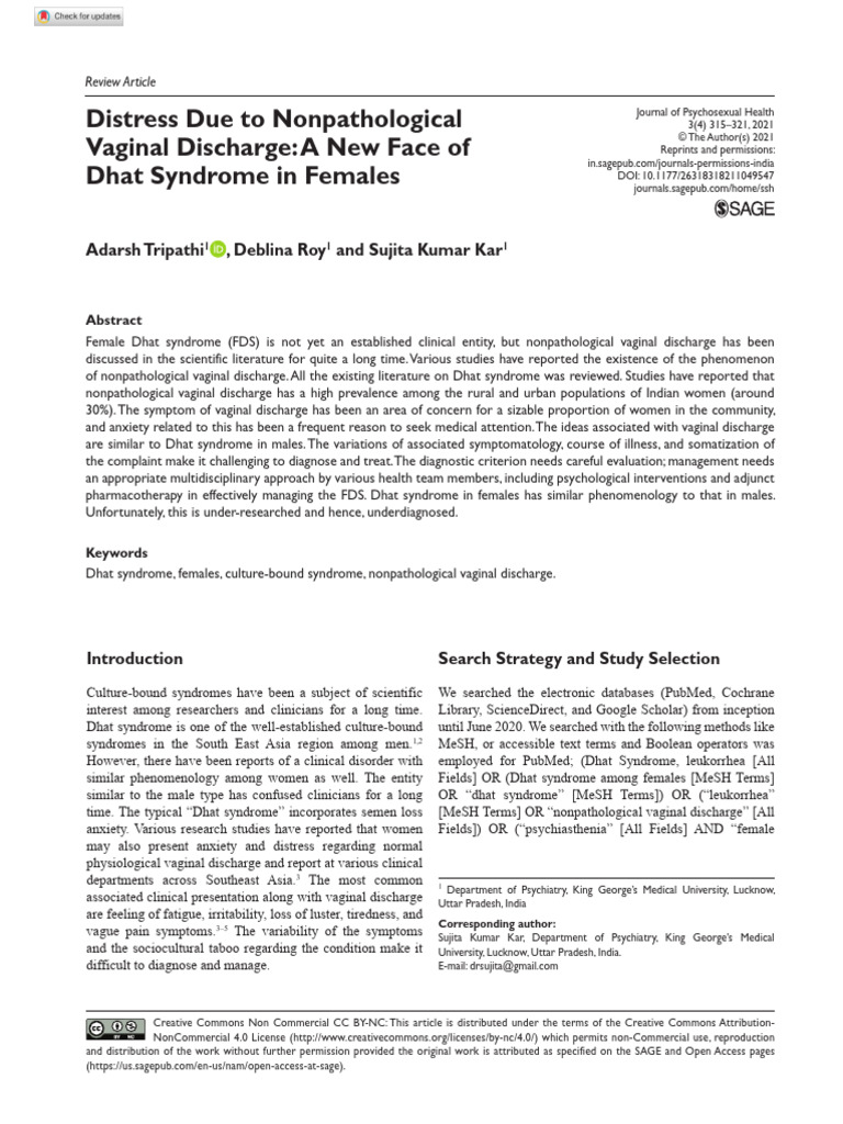 Tripathi Et Al 2021 Distress Due To Nonpathological Vaginal Discharge A New Face of Dhat ...