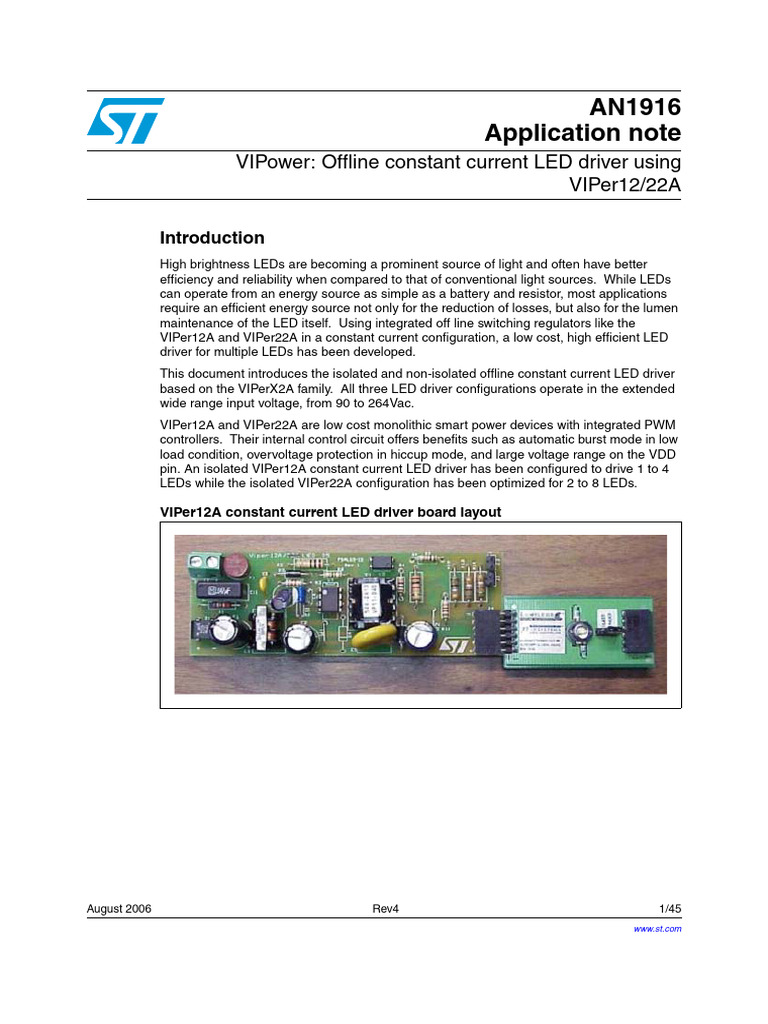 STMicroelectronics VIPER12 LED EV Datasheet | PDF | Transformer | Light Emitting Diode