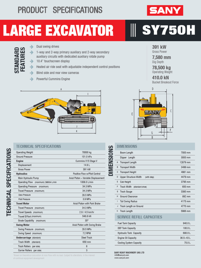 SANY SY750H Spec Sheet Single Pages | PDF | Engines | Motor Vehicle