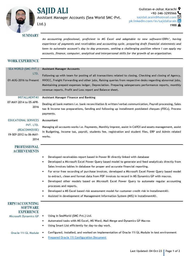 Sajid Ali CV | PDF | Microsoft Excel | Banks