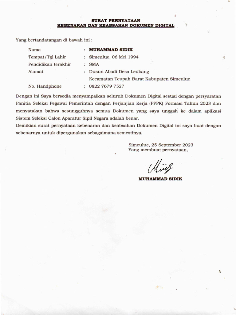 Surat Pernyataan Digital Muhammad Sidik | PDF