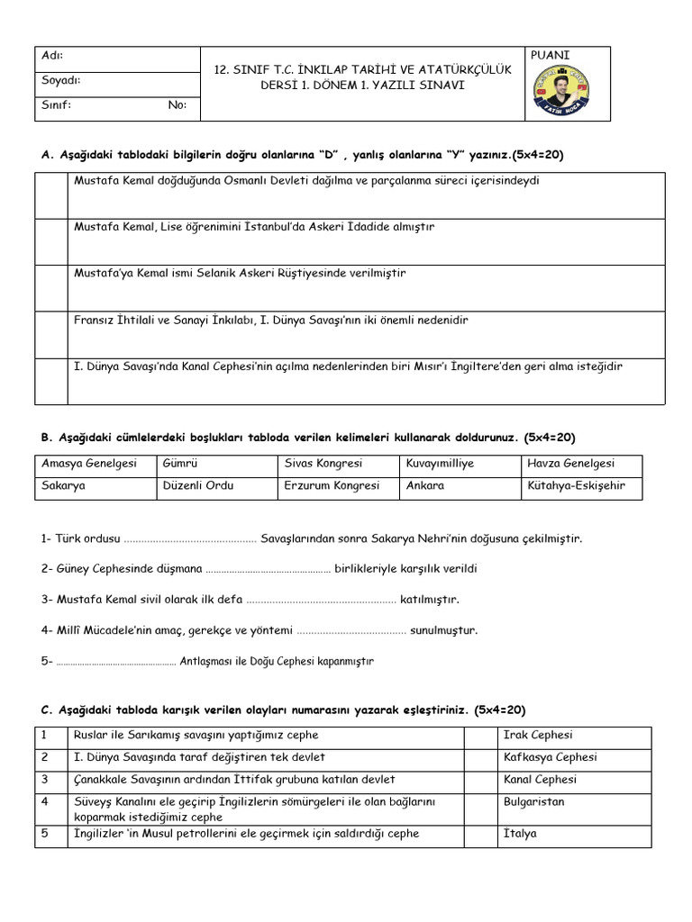 12.sinif T.C. Inkilap Tarihi Ve Ataturkculuk Dersi 1.donem 1.yazili Sinav Sorulari | PDF
