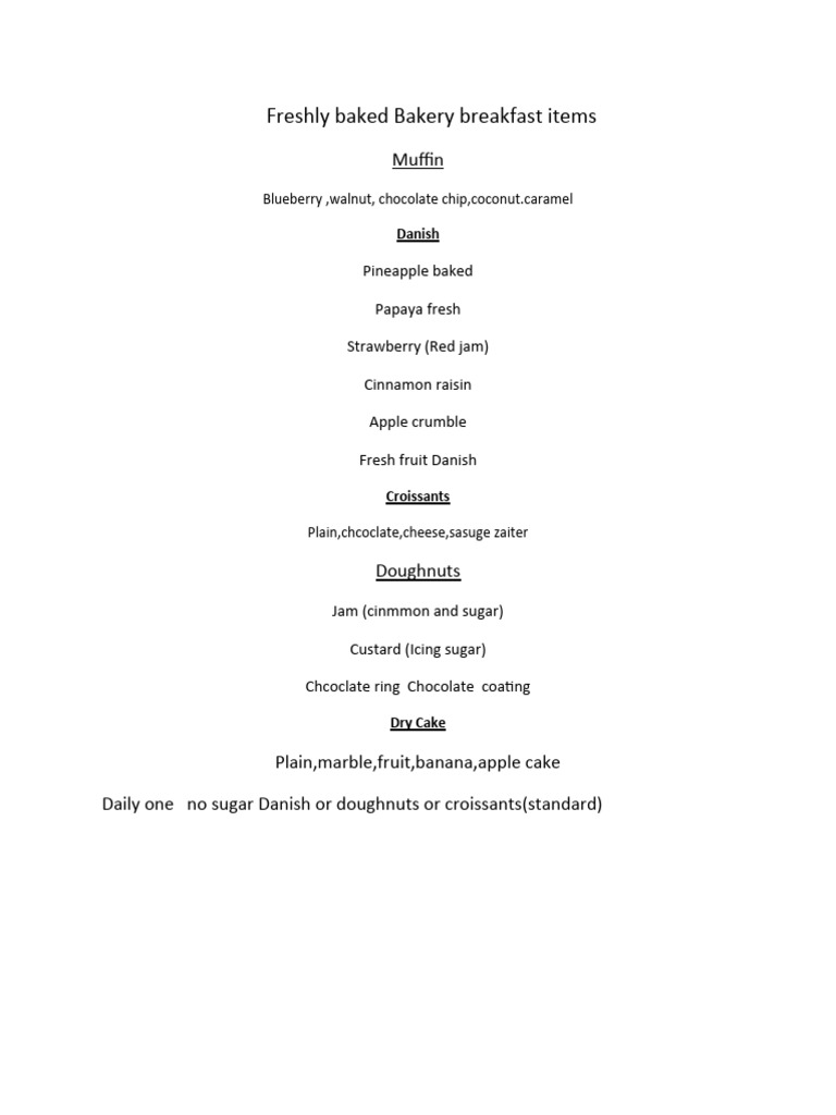 Bakery Breakfast Menu Items | PDF