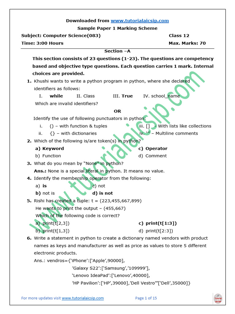 Half Yearly 2022 Answer Key With Masrking Scheme Sample Paper 1 | PDF | Parameter (Computer ...