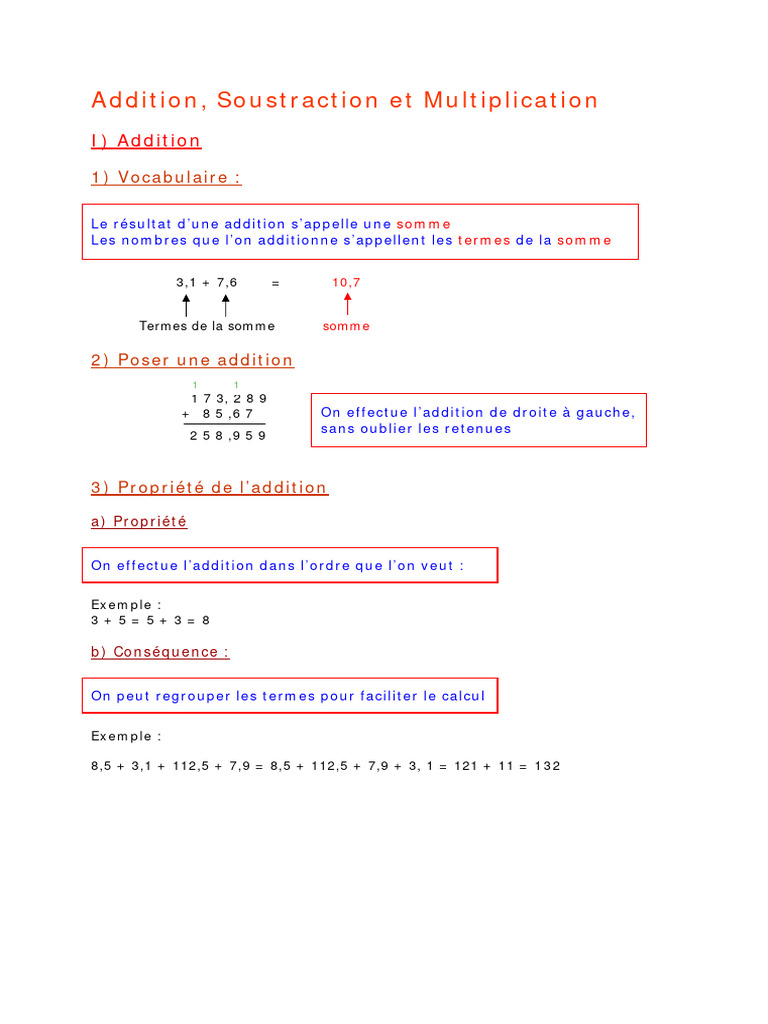 Exercices Maths : Addition, Soustraction, Multiplication | PDF ...