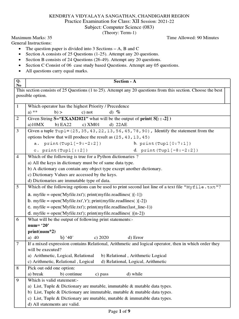 XII CS Term1 Preboard Combined 2021payal | PDF | C (Programming Language) | Variable (Computer ...