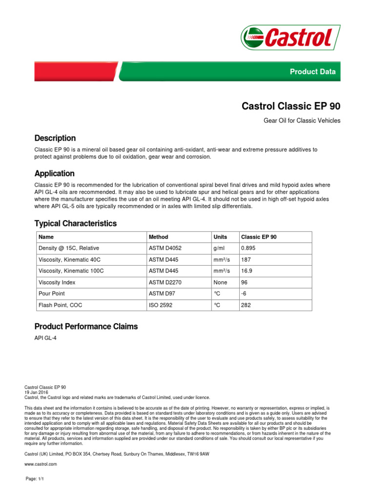 Castrol Classic EP 90 Tds 01 2016 | PDF | Mechanical Engineering