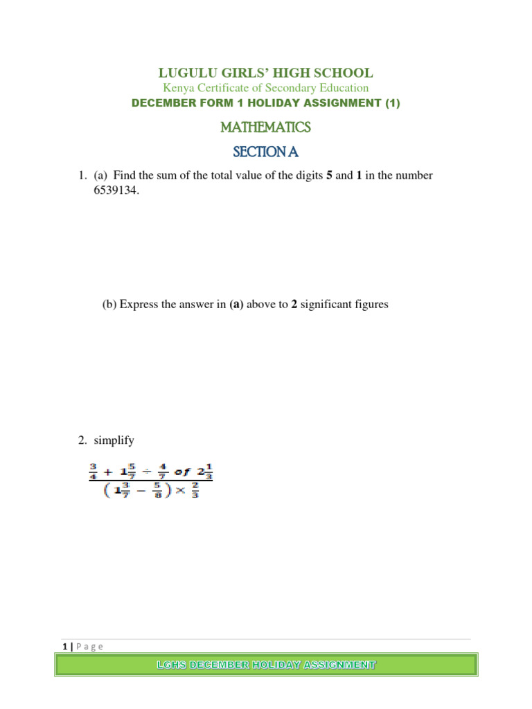 MATH F1 Assignments - Form 1 - Mathematics | PDF | Density | Area