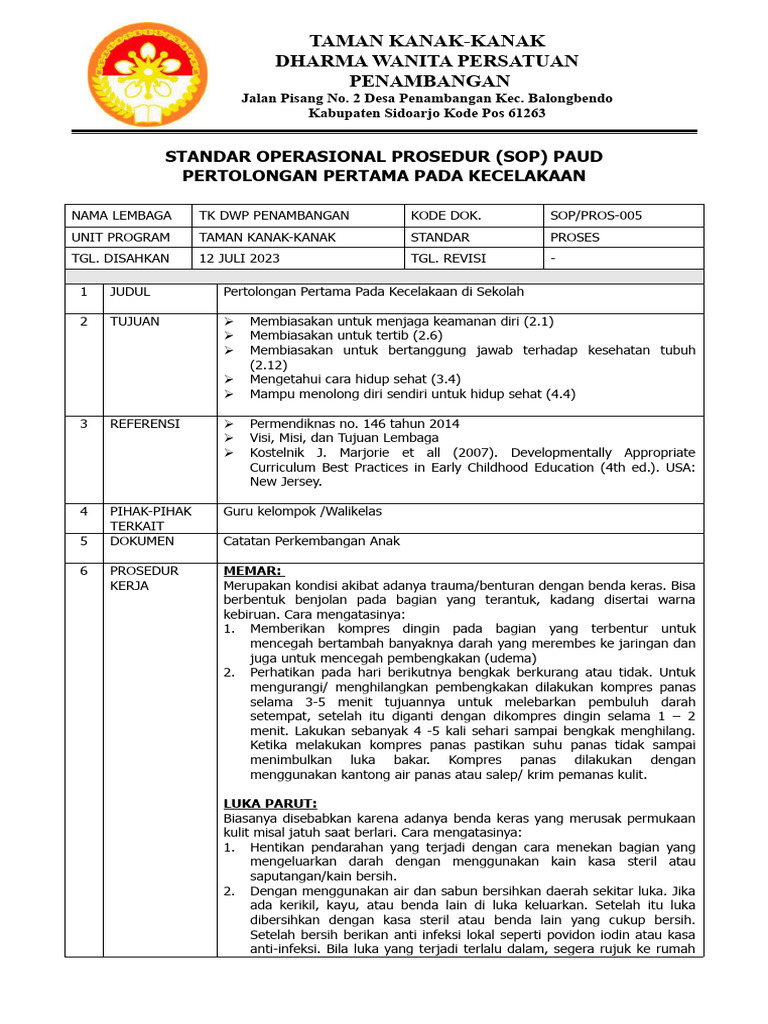 5 Sop Paud Pertolongan Pertama Pada Kecelakaan | PDF