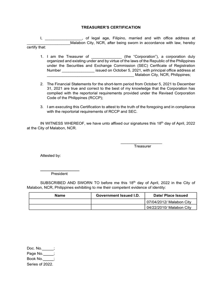 Treasurer's Certification | PDF