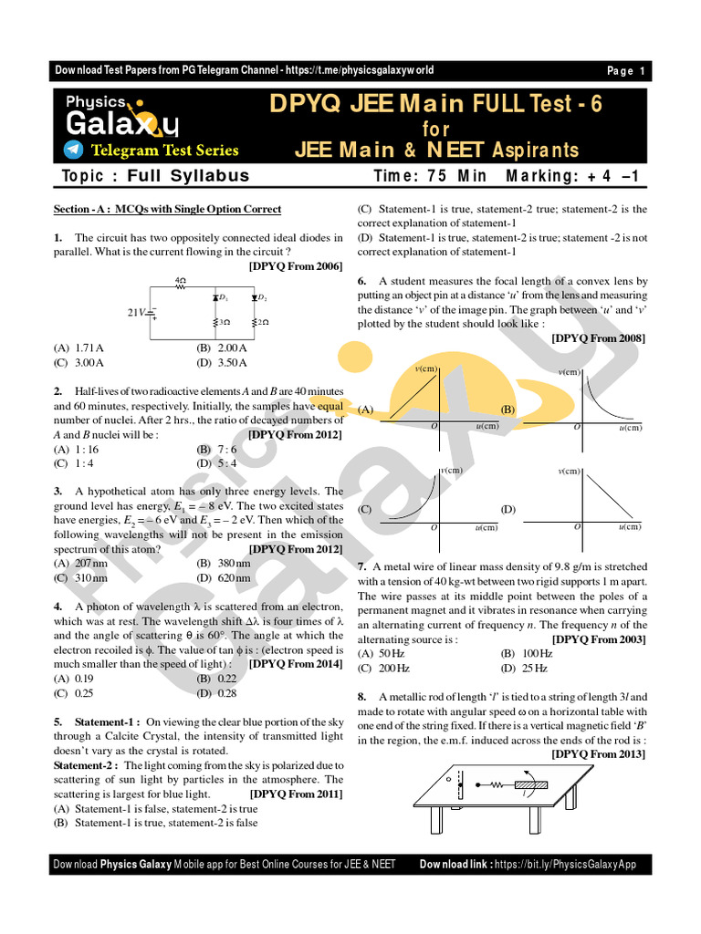 Jee Main Dpyq Full Syllabus Paper-6 | PDF | Electronvolt | Electron