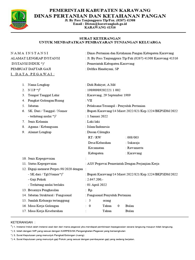 Surat Keterangan Tunjangan Keluarga Karawang | PDF