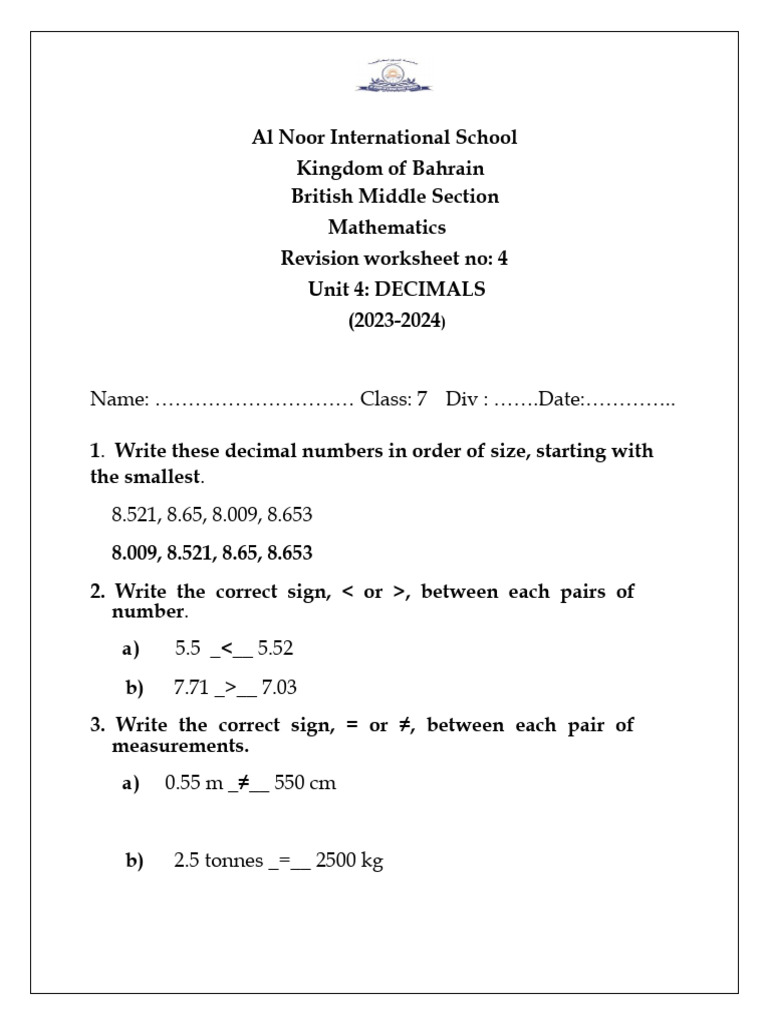 Term 1 Unit - 4 Decimals Worksheet Answer Key | PDF | Mathematics ...