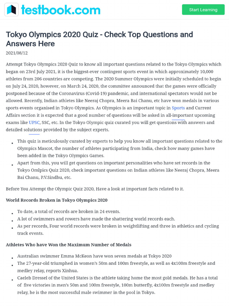 Tokyo Olympics 2020 Quiz | PDF