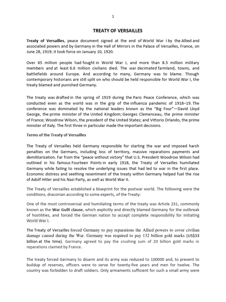 Treaty 1 | PDF | Treaty Of Versailles | World War I Reparations