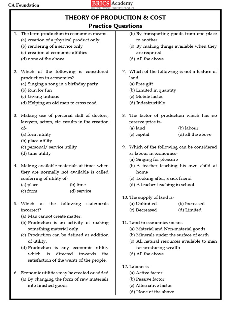 Production and Cost Theory MCQs | PDF | Capital (Economics ...