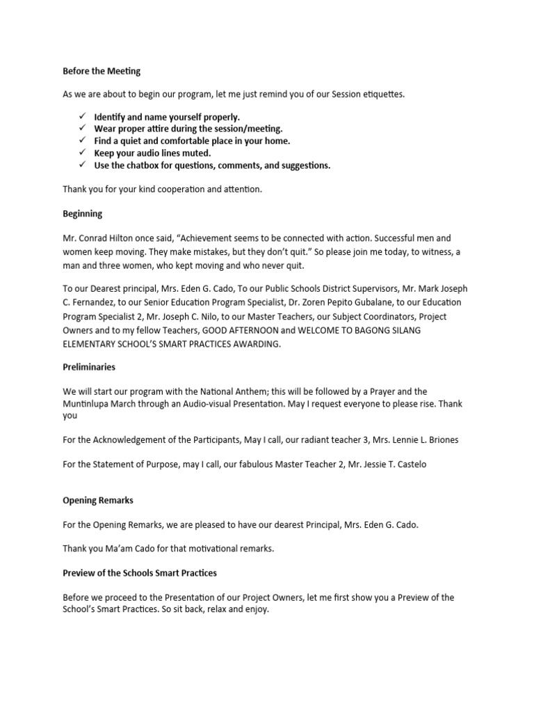 EMCEE Script Smart Practices Awarding | PDF