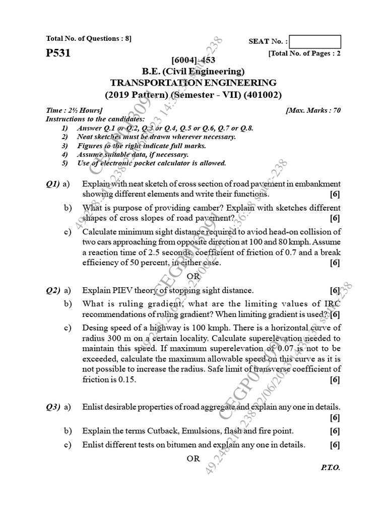 SPPU Civil Engineering Exam Paper 2019 | PDF | Road Surface | Bridge