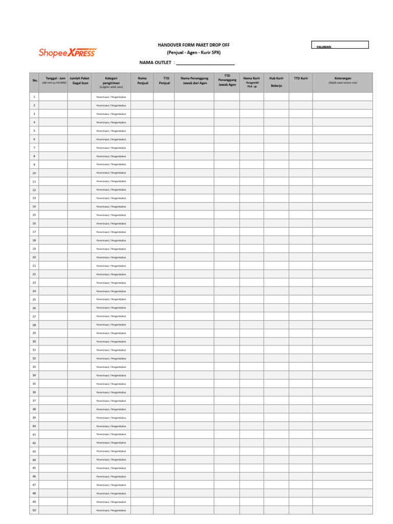 Formulir Serah Terima Paket Agen Shopee Xpress (DOP) | PDF