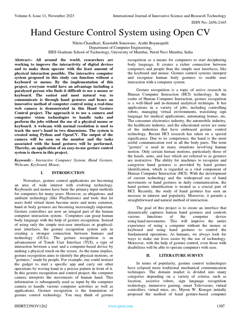 Hand Gesture Control System Using Open CV | Download Free PDF ...