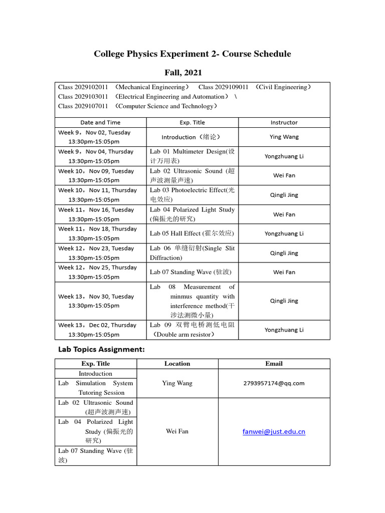 College Physics Lab Schedule Fall 2021 | PDF | Diffraction | Optics