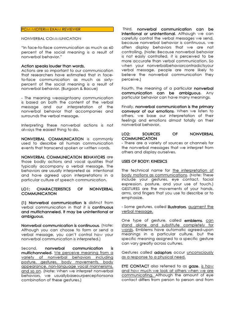 PCM Midterm Exam Reviewer | PDF | Nonverbal Communication | Communication