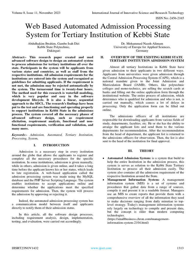 Web Based Automated Admission Processing System For Tertiary Institution of Kebbi State | PDF ...